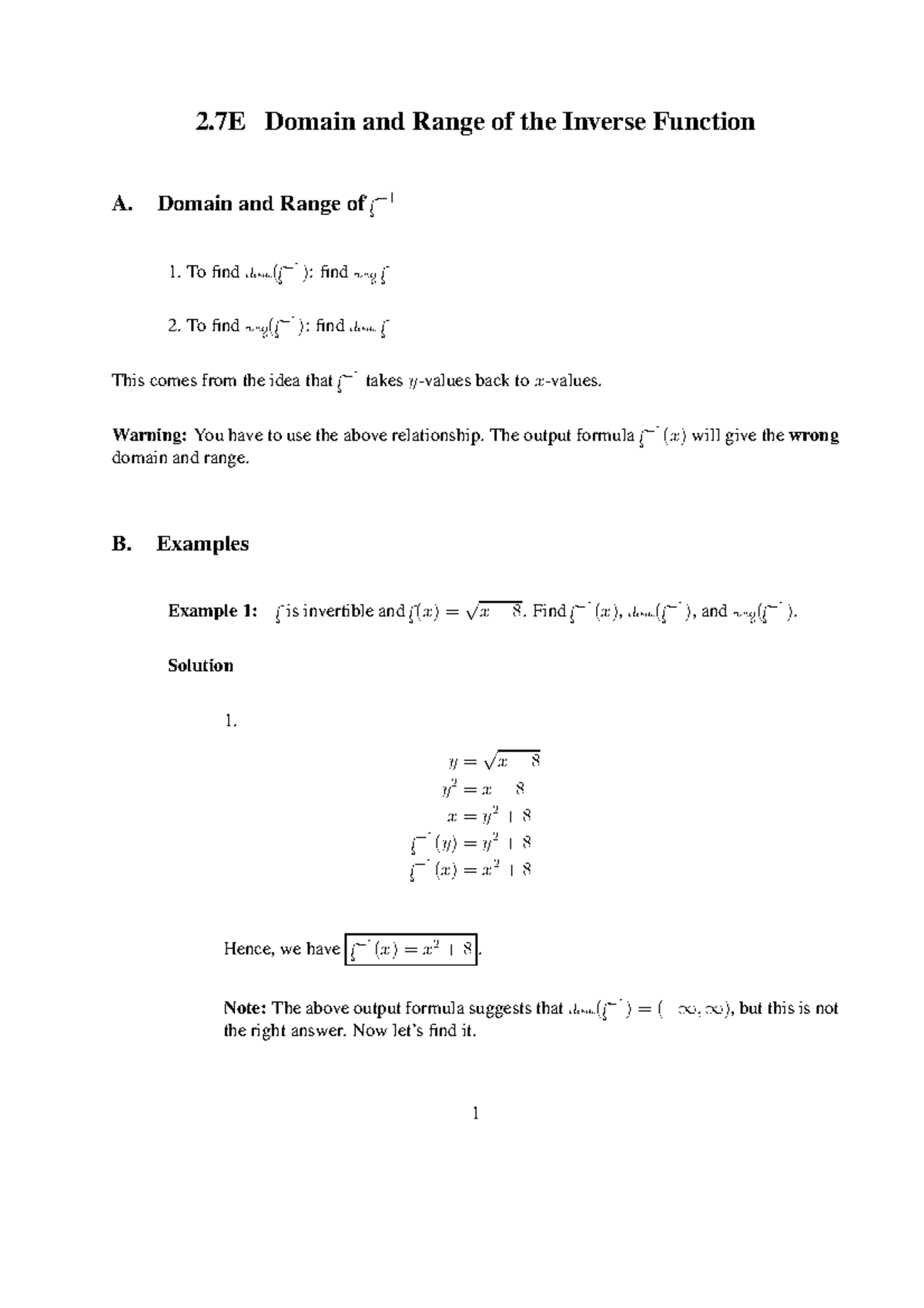 2 7E Domain And Range Of The Inverse Function Domain And Range Of F 1