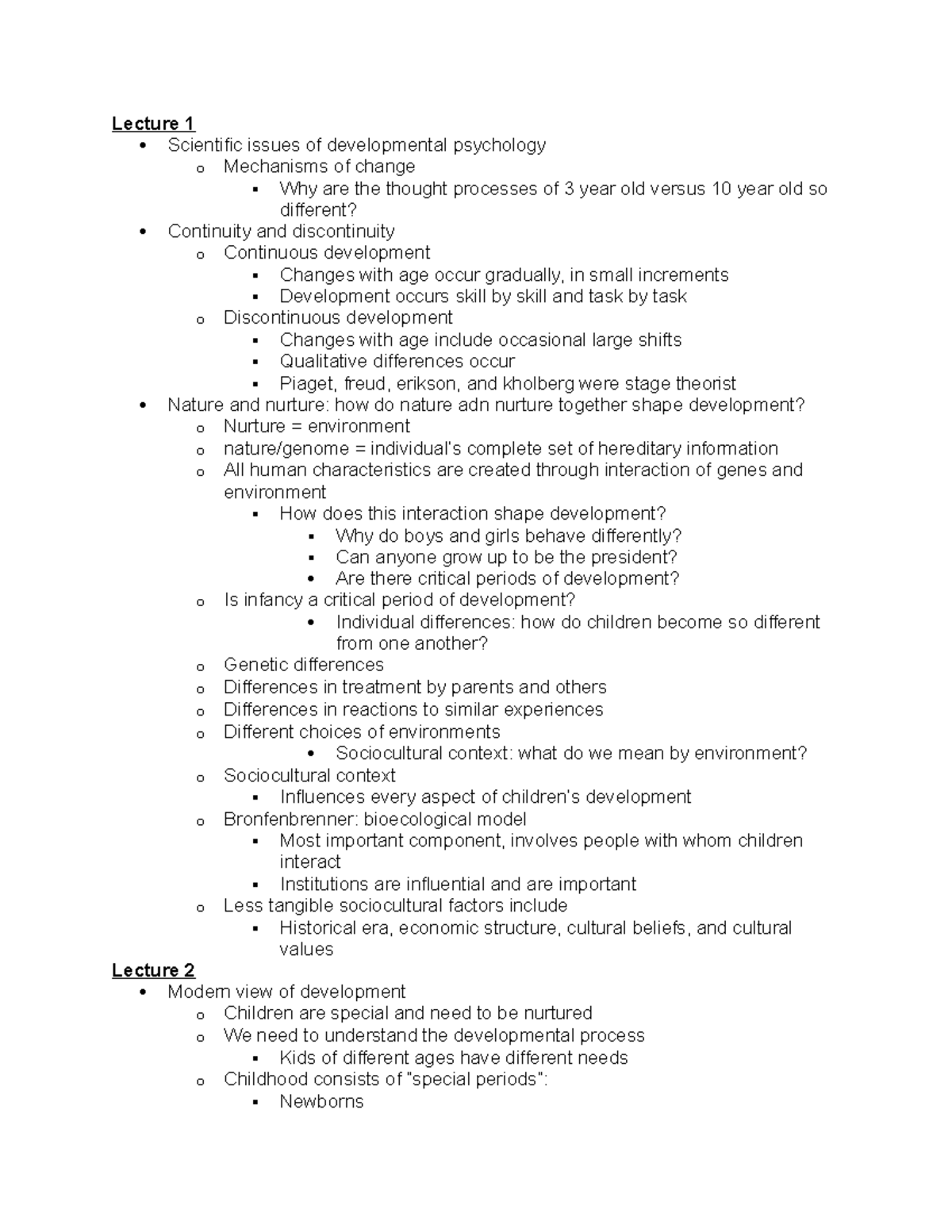 Dev psych notes lectures 1-5 - Lecture 1 Scientific issues of ...