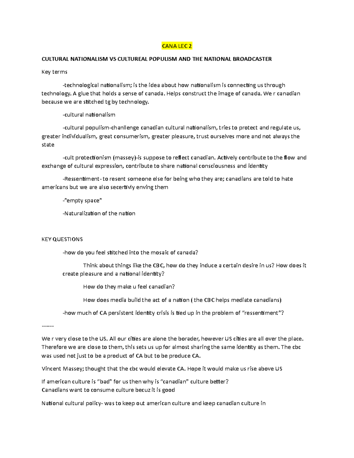 CANA (MODULE 1) Notes - CANA LEC 2 CULTURAL NATIONALISM VS CULTUREAL ...