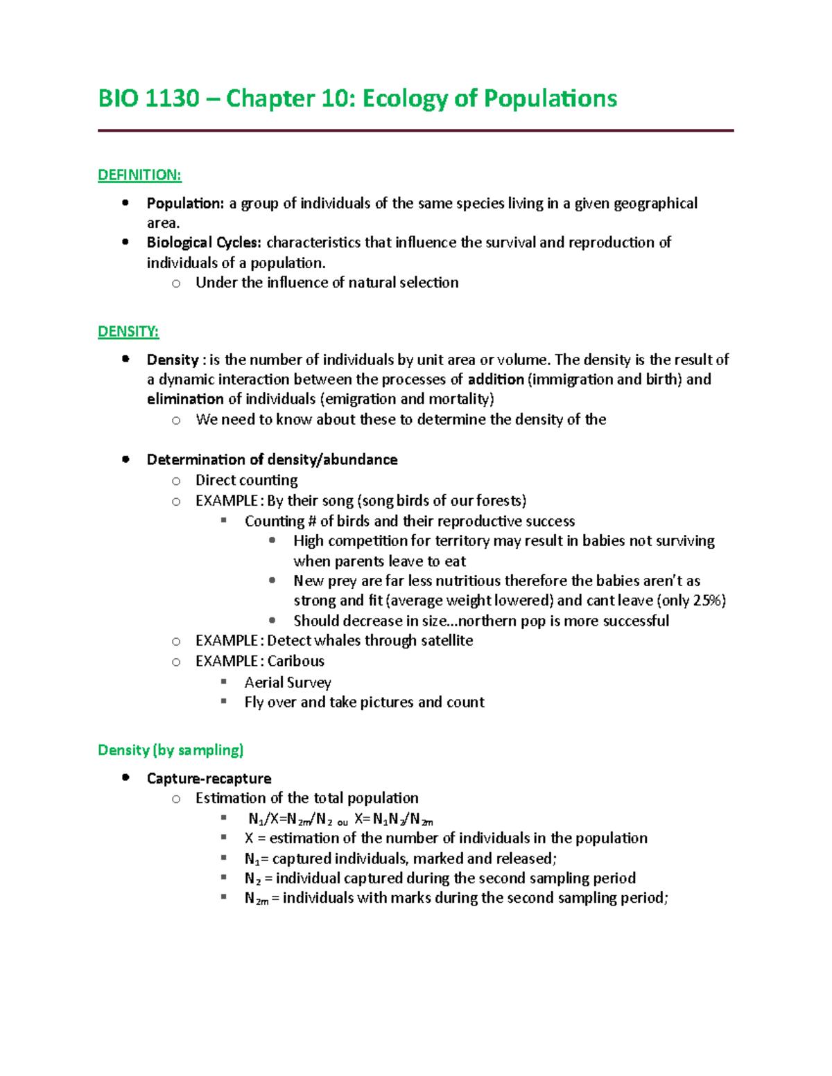 BIO 1130 - Chapter 10 - BIO 1130 – Chapter 10: Ecology of Populations ...