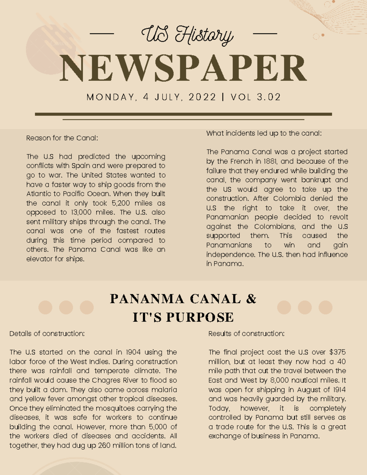 Us history 03.02 assignment - NEWSPAPER US History PANANMA CANAL & IT'S ...