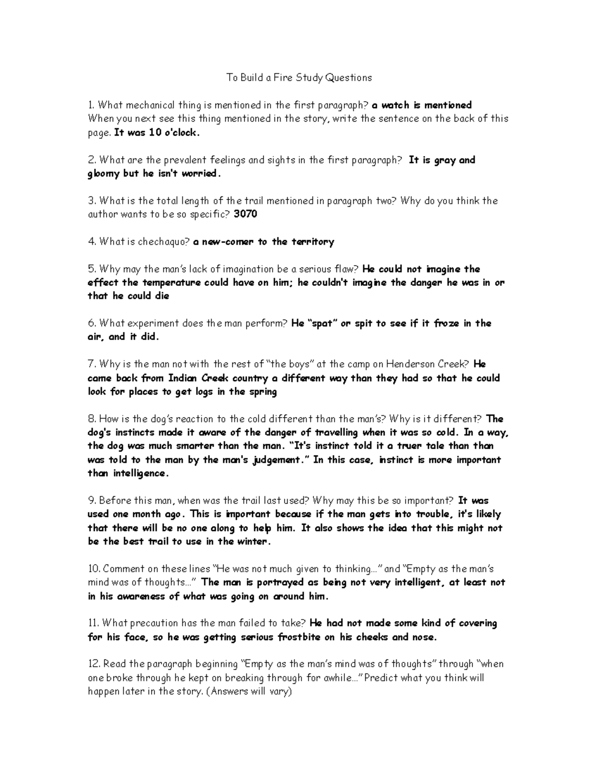 To Build a Fire Questions w Answers - To Build a Fire Study Questions ...