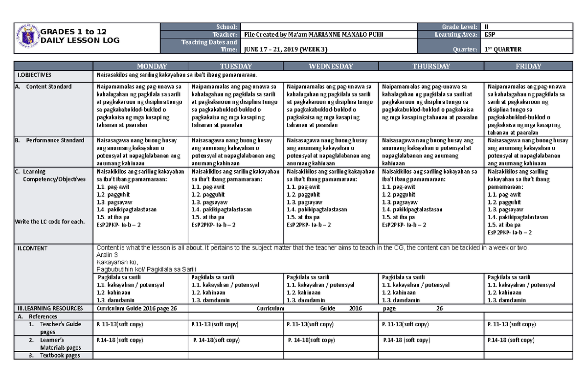 DLL ESP 2 Q1 W3 - Basic lesson plan - GRADES 1 to 12 DAILY LESSON LOG ...