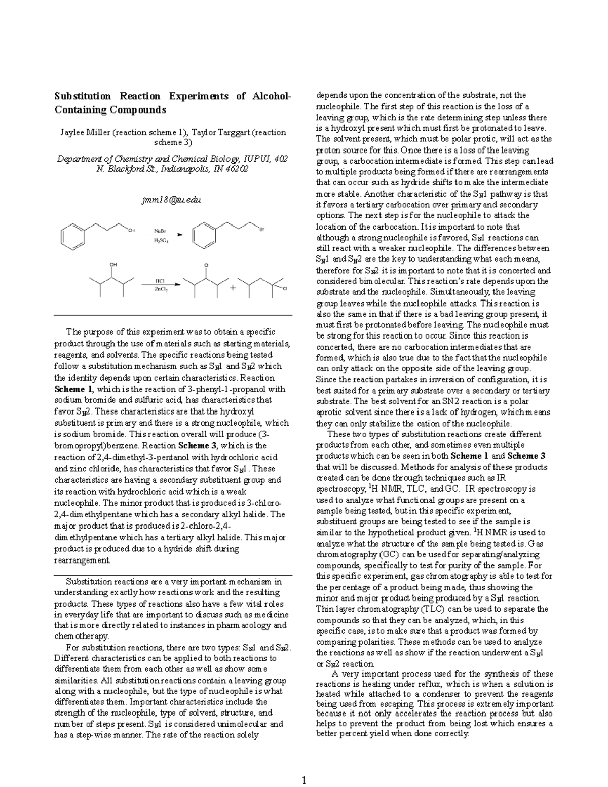Example JOC Note - Substitution Reaction Experiments of Alcohol ...