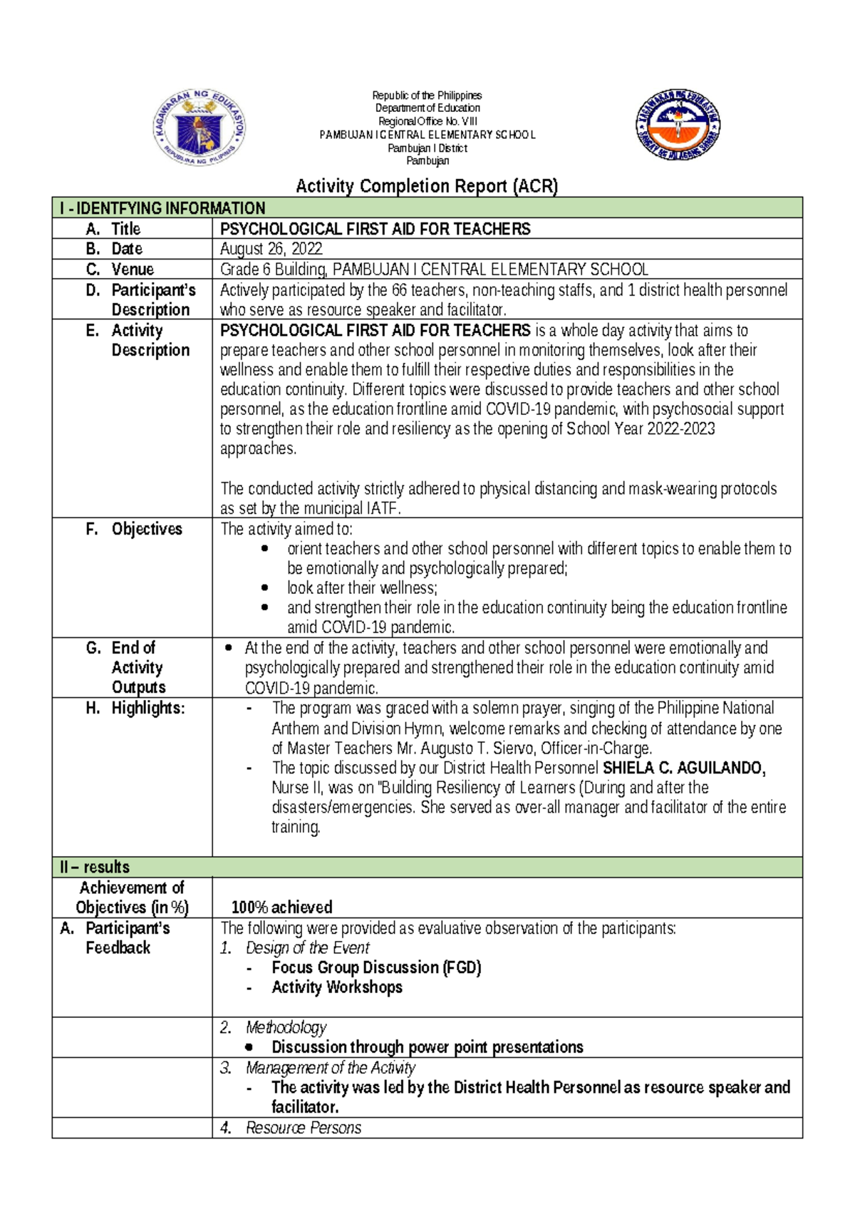 ACR Psycho- Social 2022-2023 - Republic of the Philippines Department ...