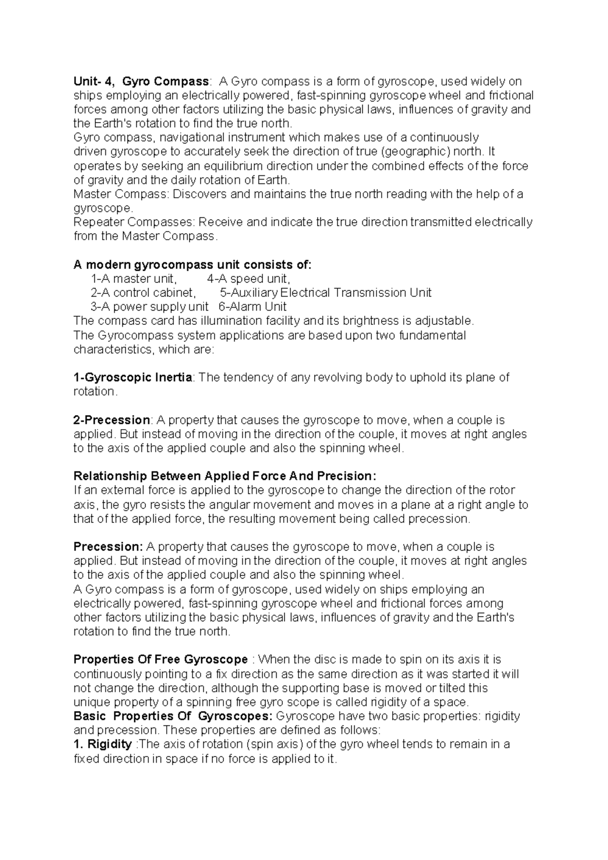 Notes-V,Gyro-Compass - Unit- 4, Gyro Compass: A Gyro compass is a form ...