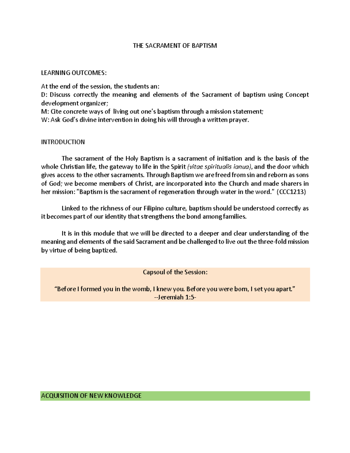 Seven Sacraments Reviewer - THE SACRAMENT OF BAPTISM LEARNING OUTCOMES ...