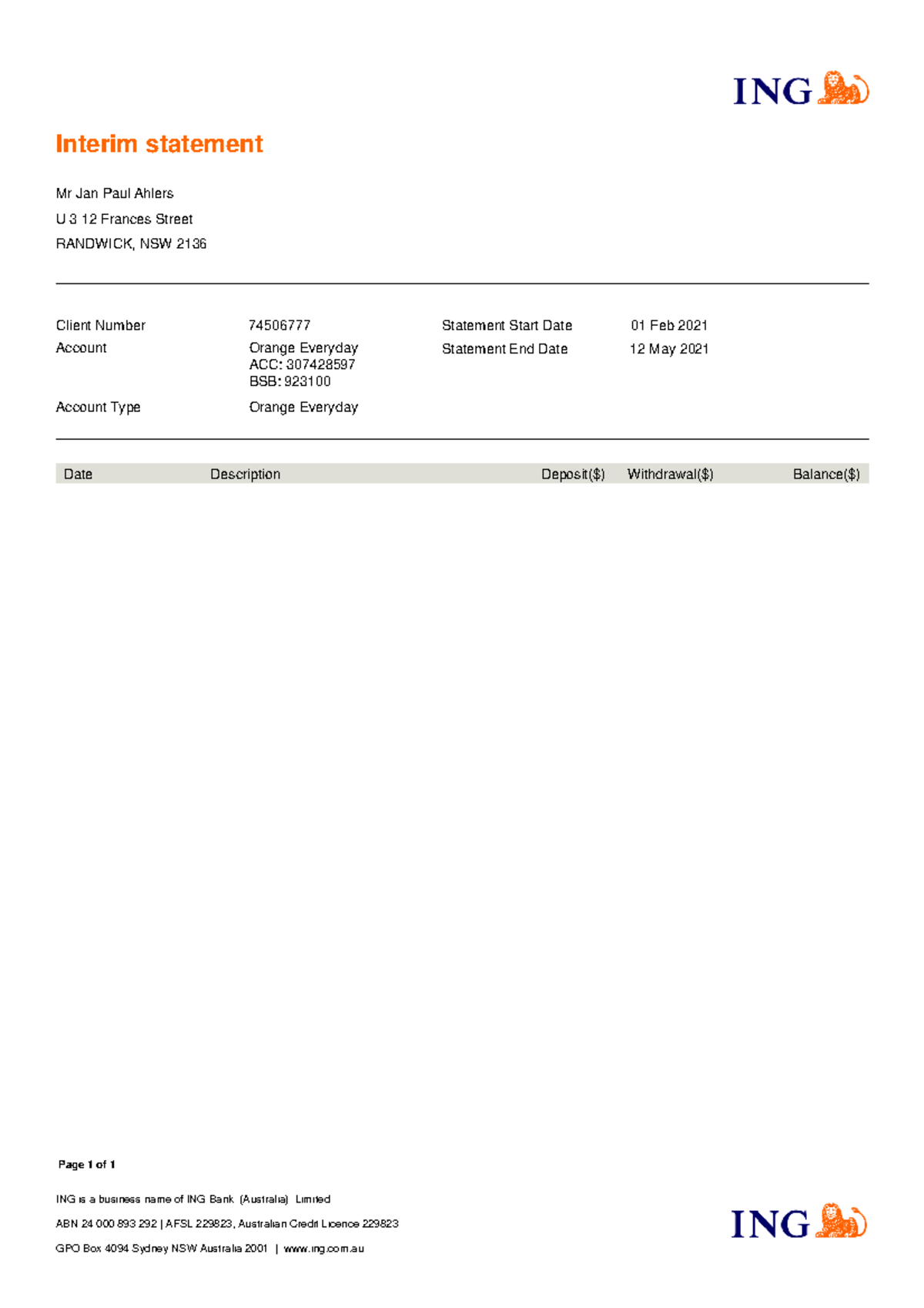INGBank Statement AsxdceASDCF ING Is A Business Name Of ING Bank