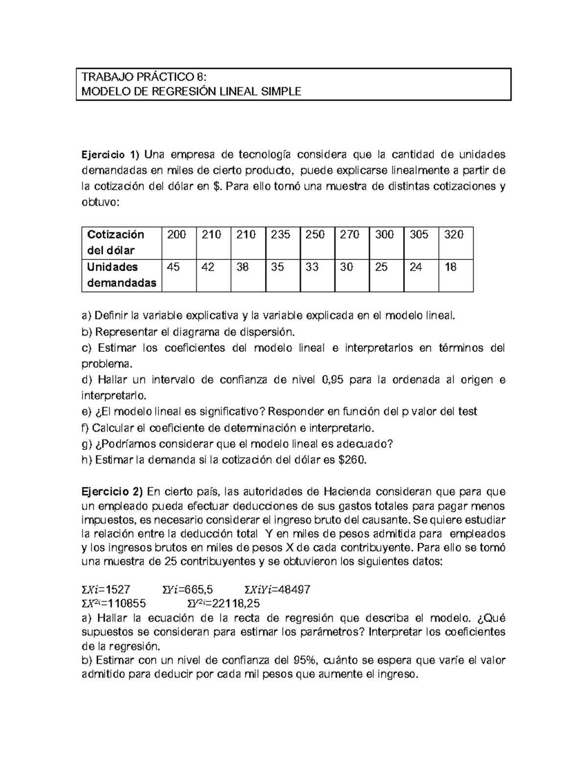 MODELO DE REGRESIÓN LINEAL SIMPLE - TRABAJO PRÁCTICO 8: MODELO DE ...