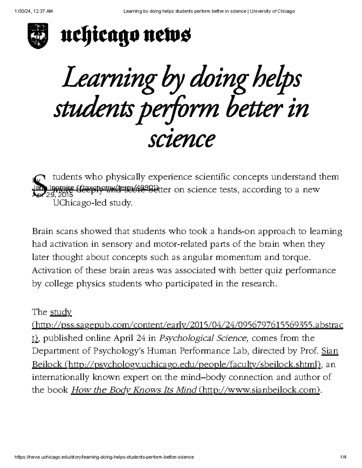Learning by doing helps students perform better in science University ...