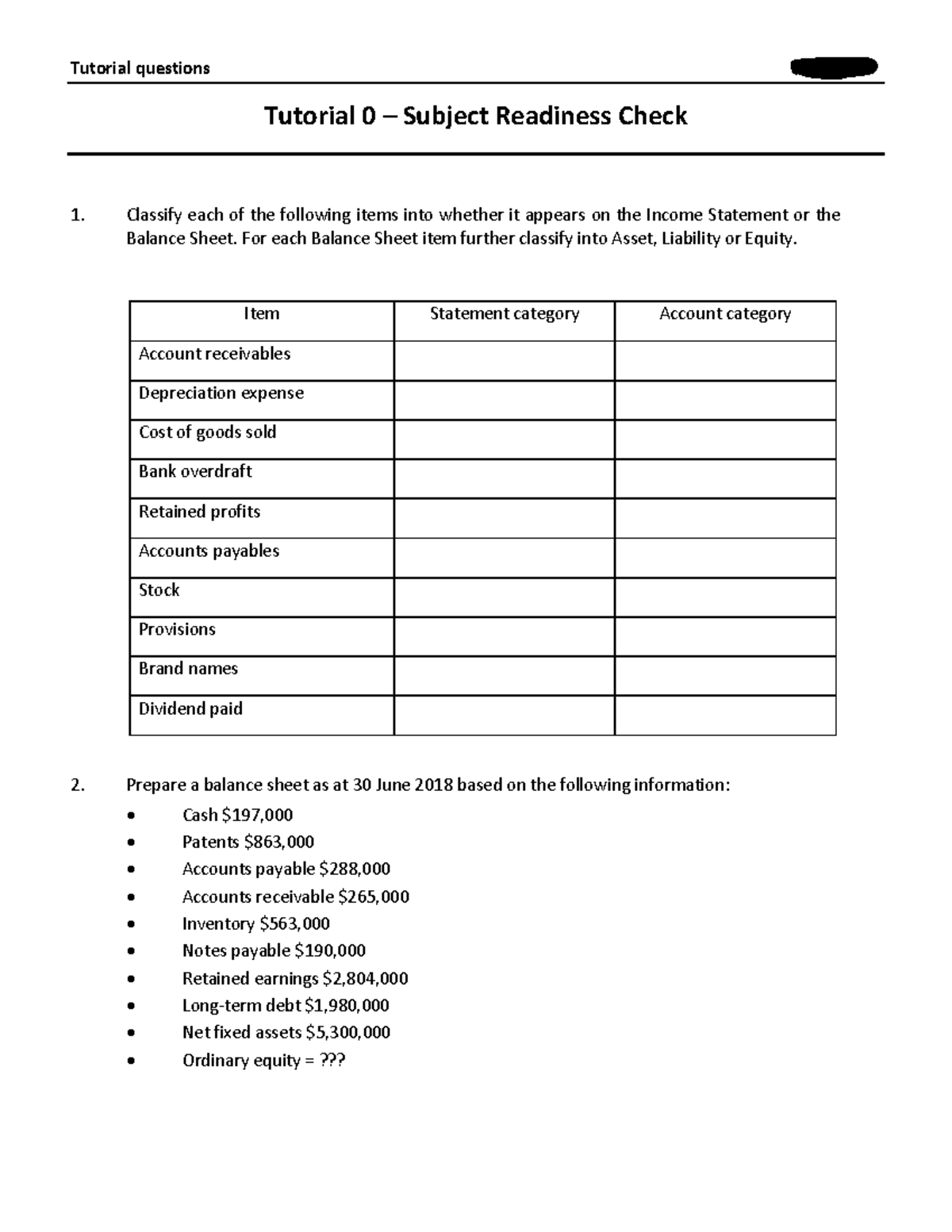 Tutorial 0 - TUT - Tutorial questions 25300 FBF Tutorial 0 – Subject Readiness Check Classify ...