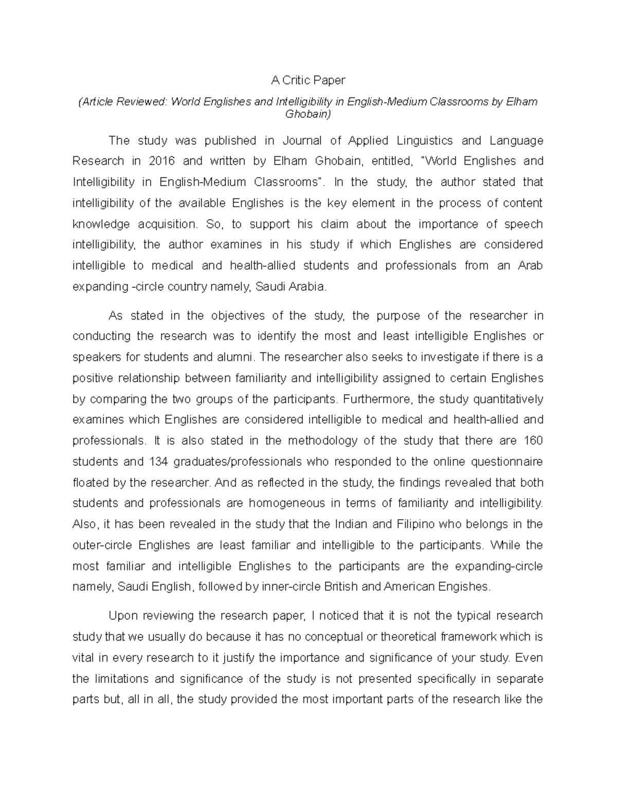 Critique paper (Auto Recovered) - A Critic Paper (Article Reviewed ...