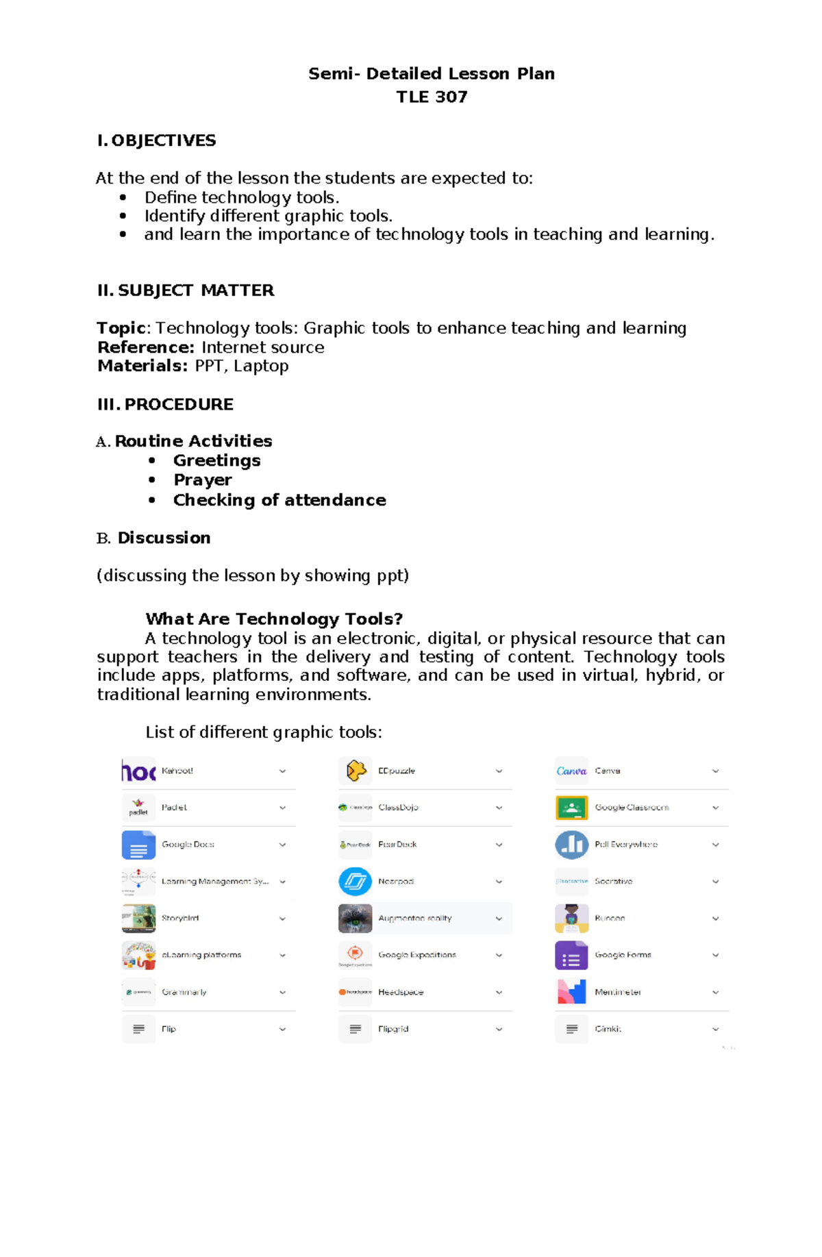 Semi detailed lesson plan - Semi- Detailed Lesson Plan TLE 307 I ...