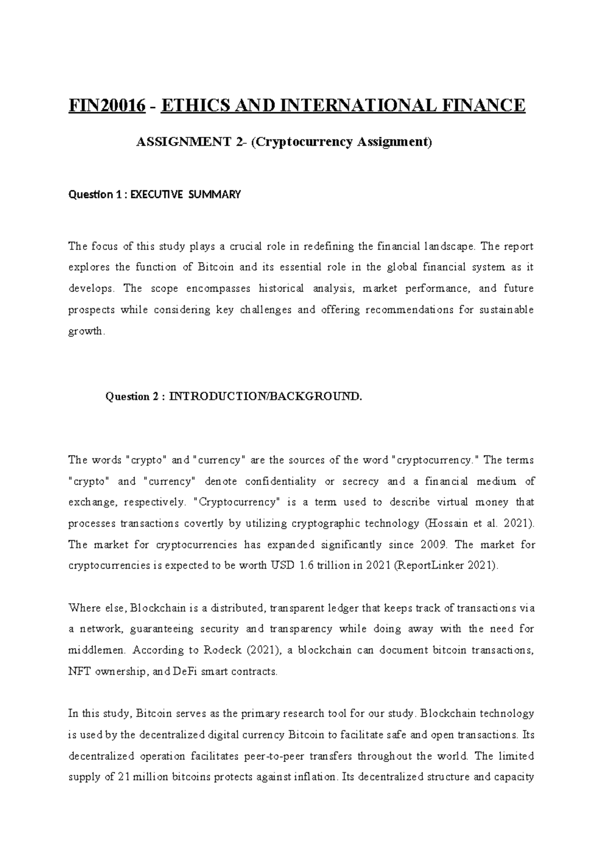 FIN2001 6 Assignment 2- (Cryptocurrency Assignment) - FIN20016 - ETHICS AND INTERNATIONAL ...