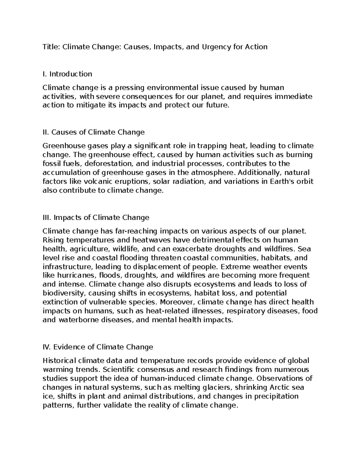 Climate assignment - Title: Climate Change: Causes, Impacts, and ...