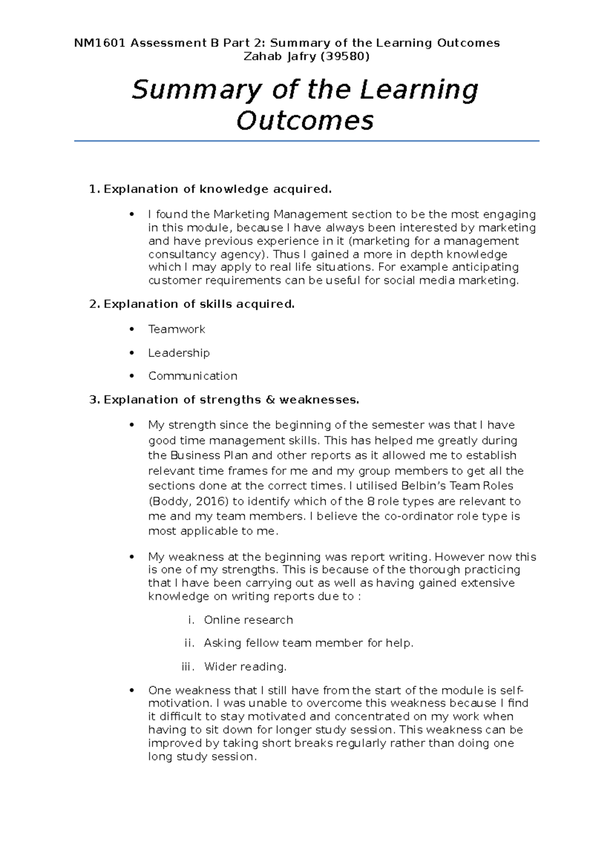 NM1601 Summary of the Learning Outcomes - NM1601 Assessment B Part 2 ...