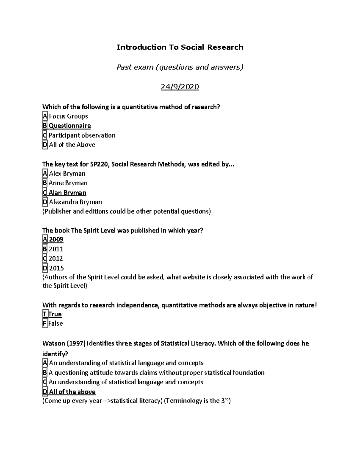 Exam 24 September 2020, questions and answers - Introduction To Social ...