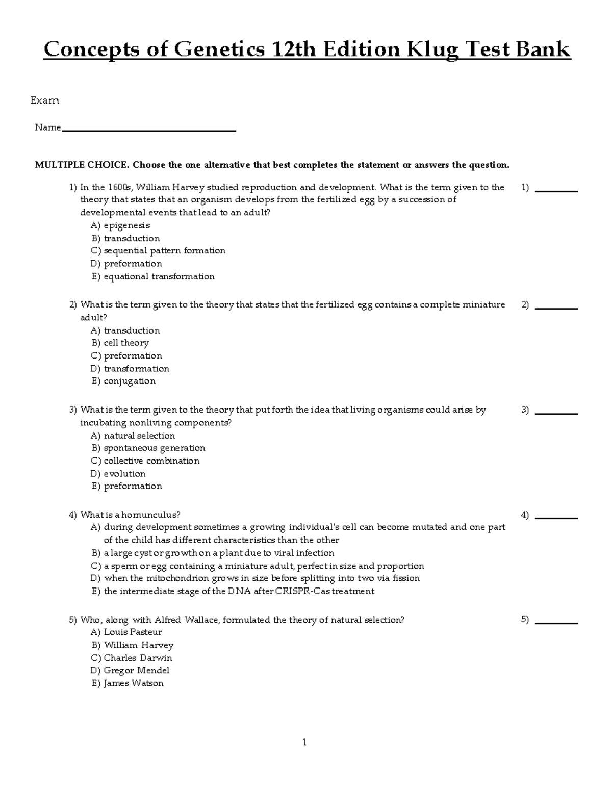 Chapter 1 - genetics - Concepts of Genetics 12th Edition Klug Test Bank ...