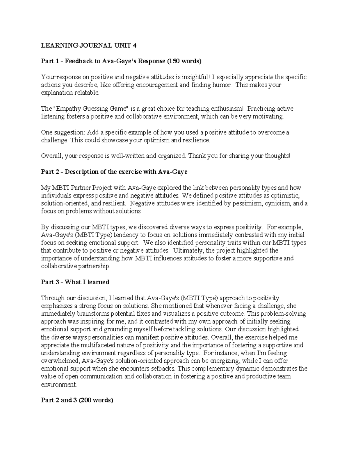 Learning Journal Unit 4 - LEARNING JOURNAL UNIT 4 Part 1 - Feedback to Ava-Gaye’s Response (150 ...