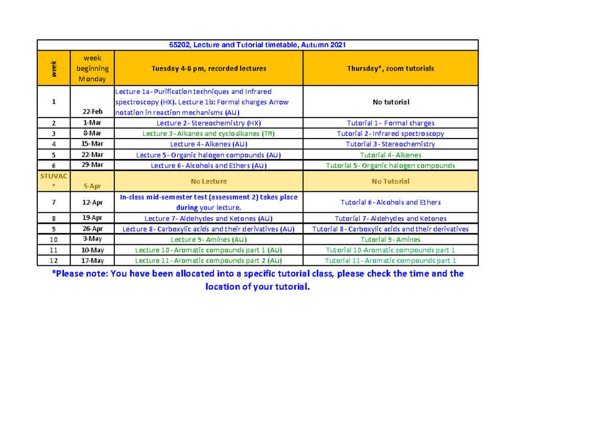 OC1 provisional Lecture -tutorial timetable 2021-1.draft - week week beginning Monday Tuesday 4 ...