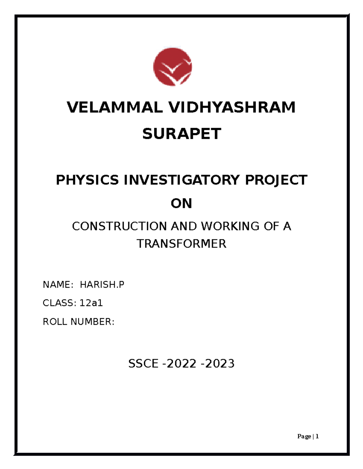 Harish.P 12A1 Physics Project - VELAMMAL VIDHYASHRAM SURAPET PHYSICS ...