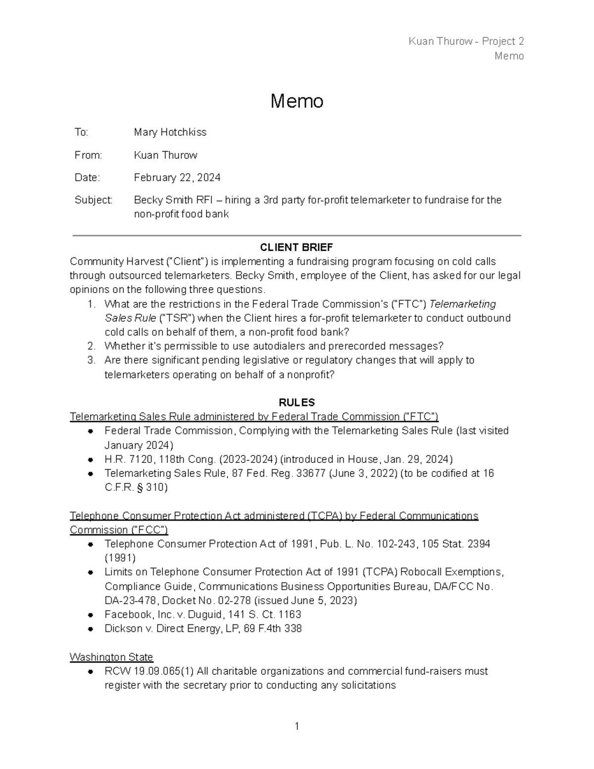 Project 2 Memorandum - Kuan Thurow - Project 2 Memo Memo To: Mary ...