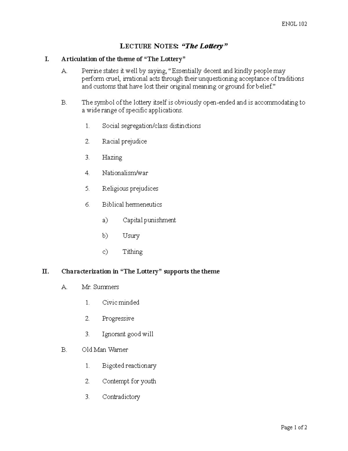 Lecture Notes The Lottery - ENGL 102 LECTURE NOTES: “The Lottery” I ...