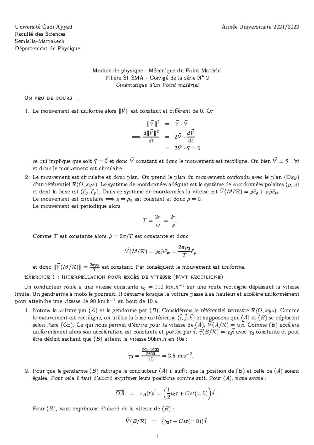 Sol2 - Module de physique - Mécanique du Point Matériel Filière S1 SMA - Corrigée de - Universit ...