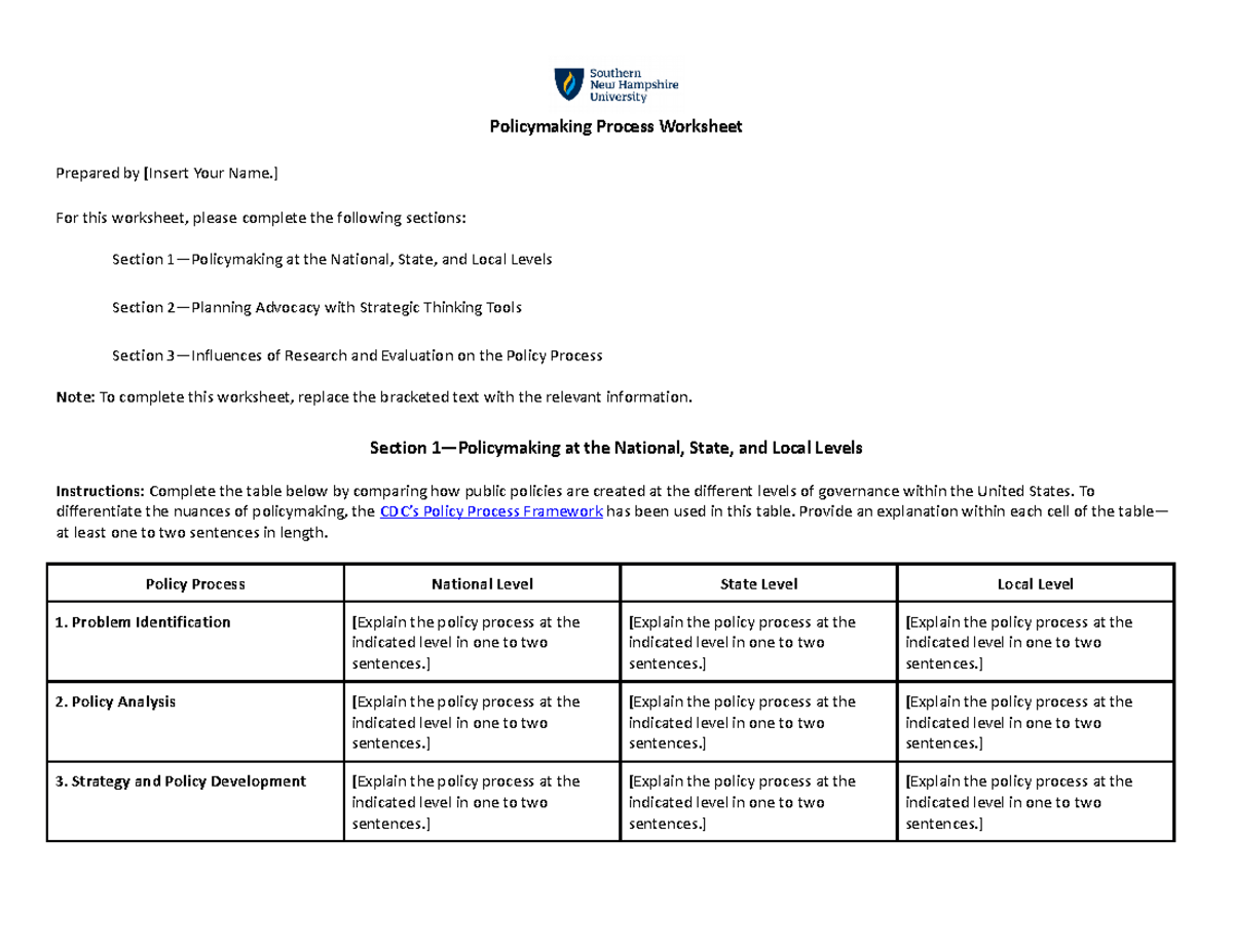 PHE 610 Policymaking Process Worksheet - Policymaking Process Worksheet ...