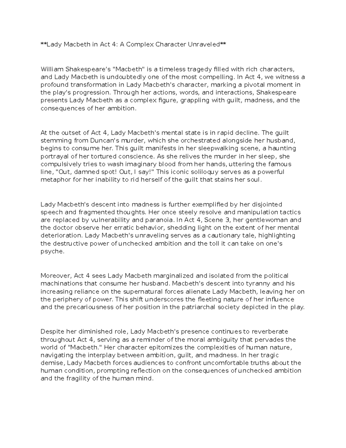 Ladymacbethact 4 - essay on lady macbeth and his behaviour in act 4 ...