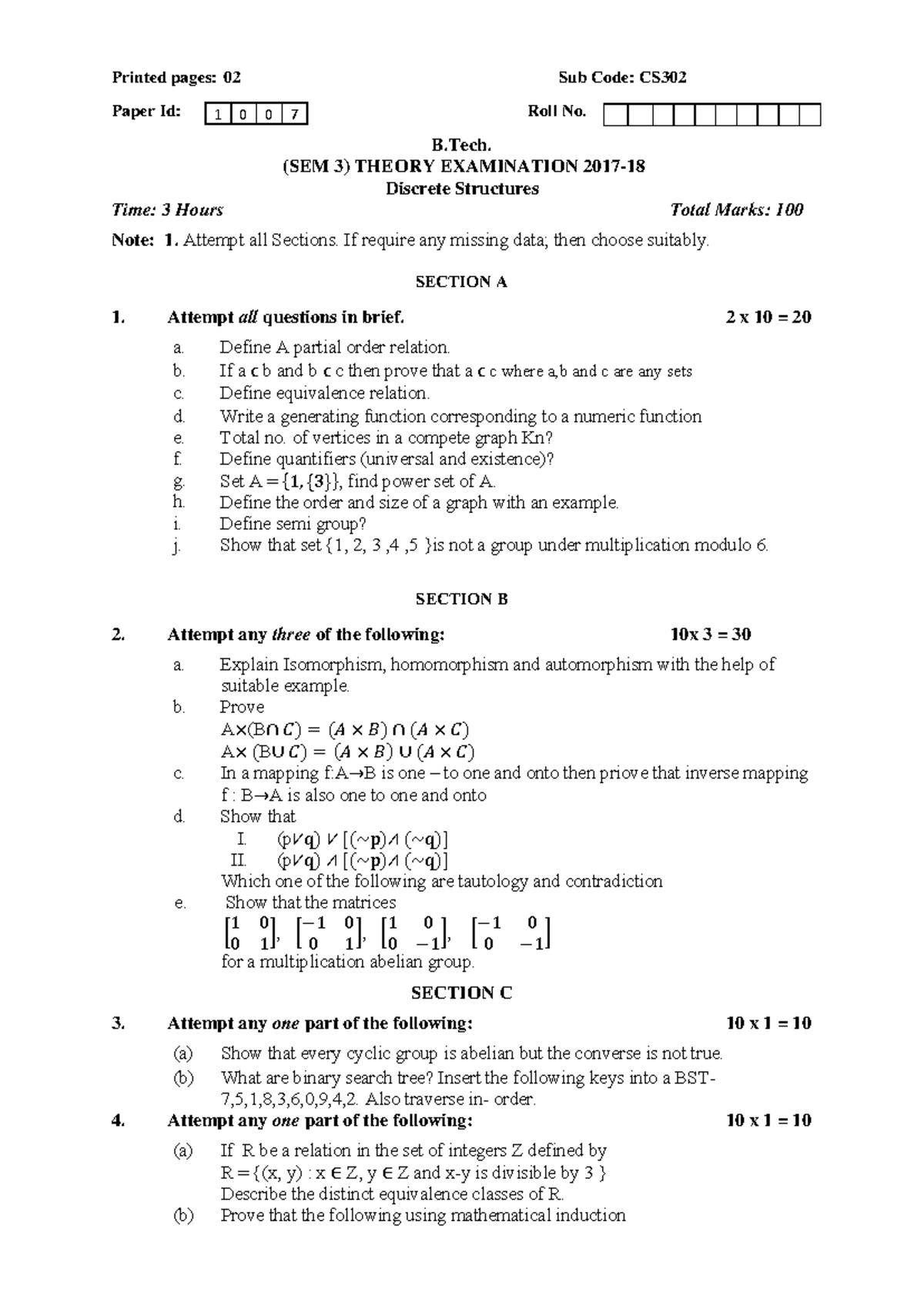 2017 Discrete Structure CS302 - Printed pages: 02 Sub Code: CS Paper Id: Roll No. B. (SEM 3 ...