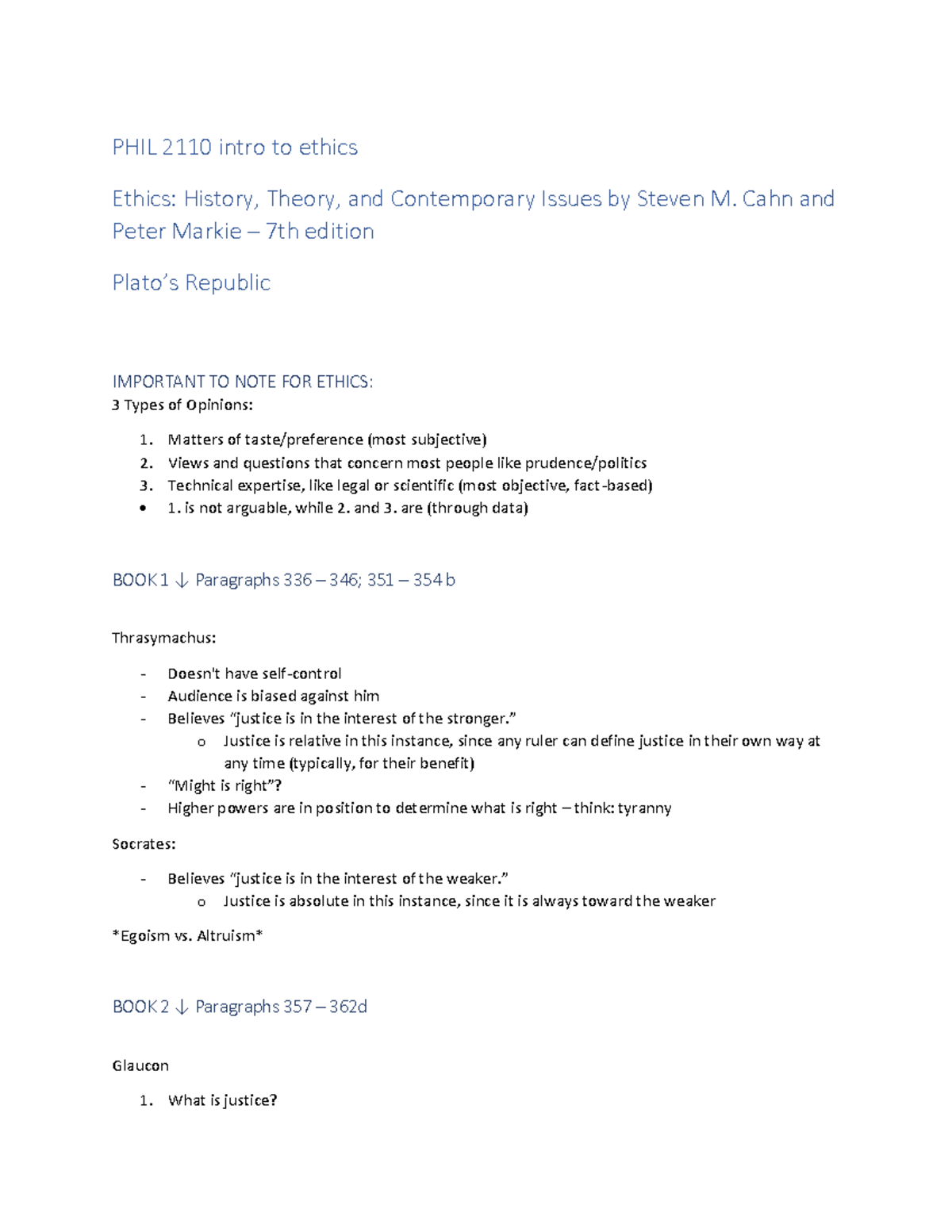 Plato's Republic Book 1 and 2 + Lecture Notes - PHIL 2110 intro to ...