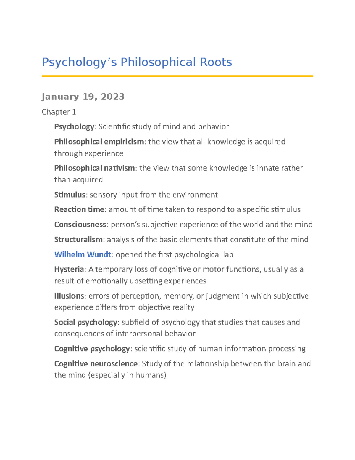 Chapter one psych - Psychology’s Philosophical Roots January 19, 2023 ...