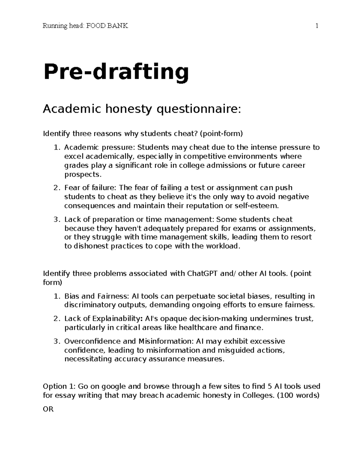 Project 1 Draft template - Running head: FOOD BANK 1 Pre-drafting Academic honesty questionnaire ...