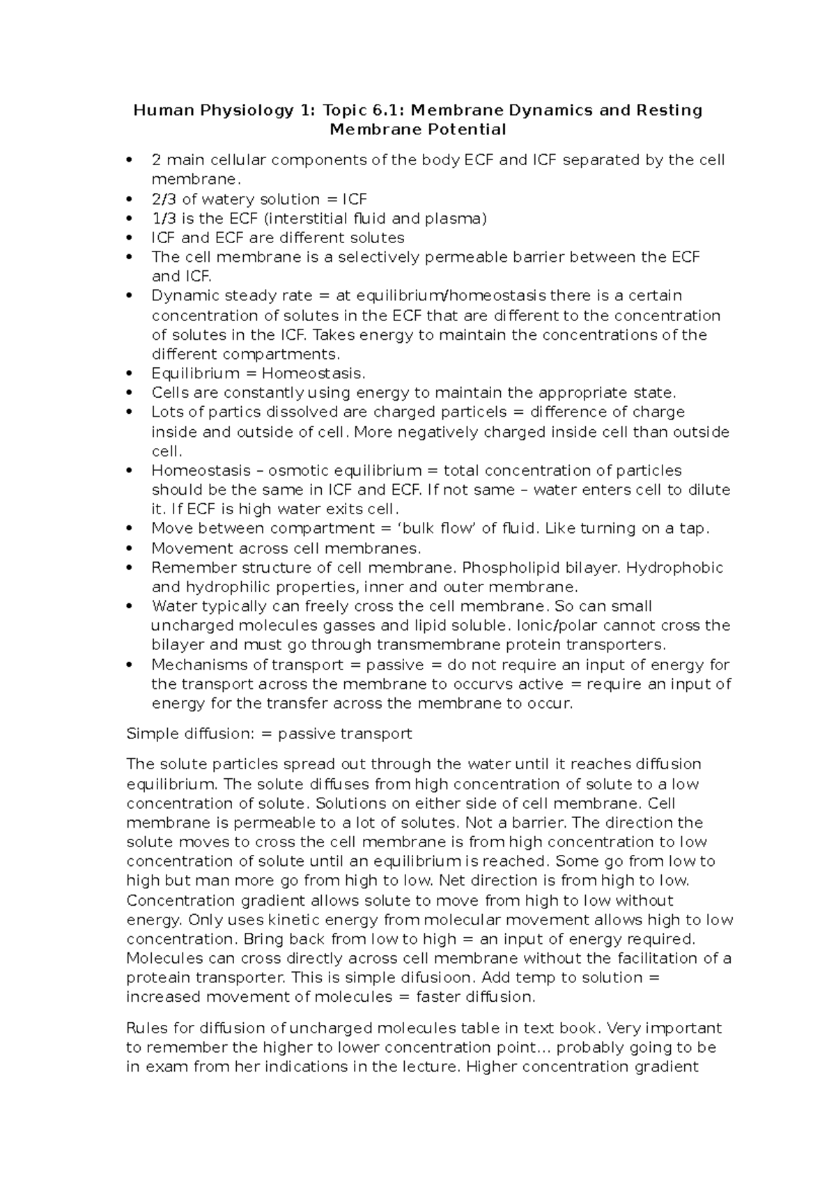 Human Physiology 1 Topic 6 Cell Membrane - Human Physiology 1: Topic 6 ...