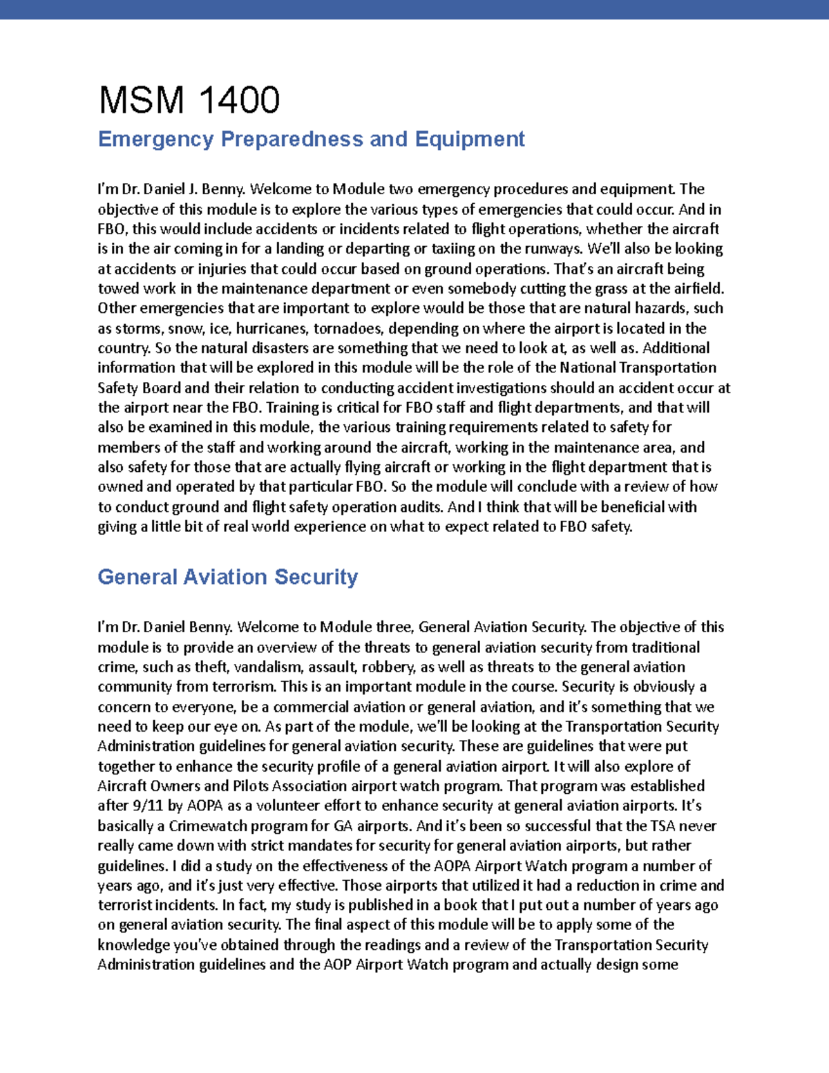 MSM1400 - Emergency Preparedness and Equipment General Aviation ...