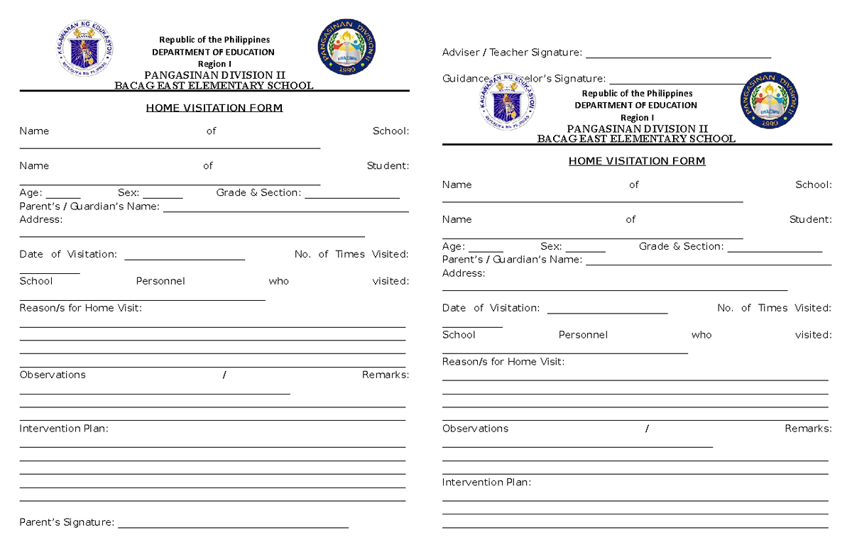 Home Visitation Form-Division - Republic of the Philippines DEPARTMENT ...