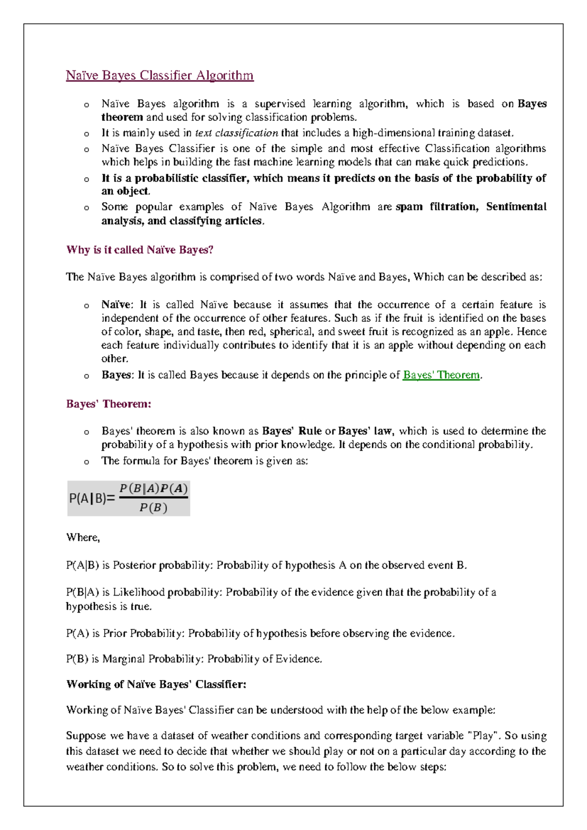 AI&ML 3 - AI &ML UNIT-3 NOTES - Naïve Bayes Classifier Algorithm o ...