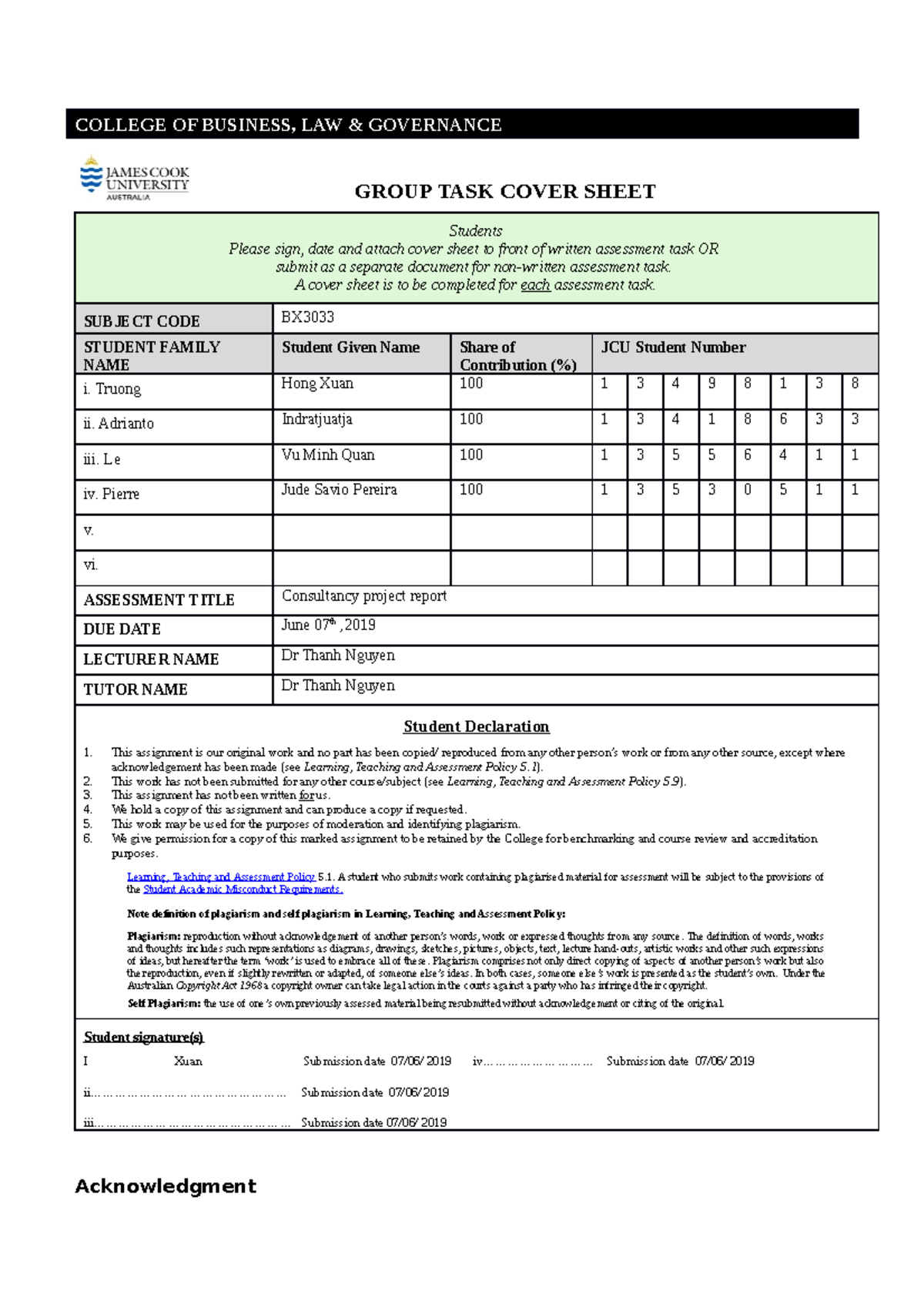 Group Project 15 BX3033 - COLLEGE OF BUSINESS, LAW & GOVERNANCE GROUP ...