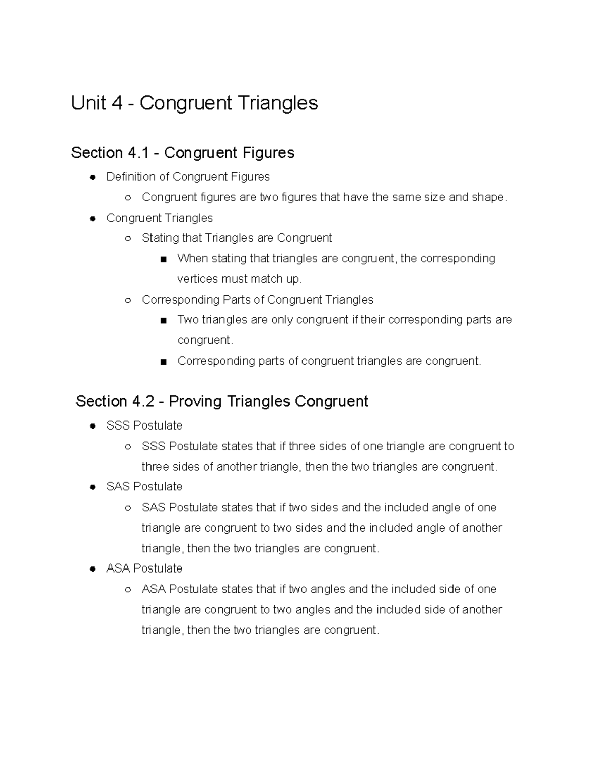 Geometry Unit 4 Notes - Congruent Triangles - Unit 4 - Congruent ...