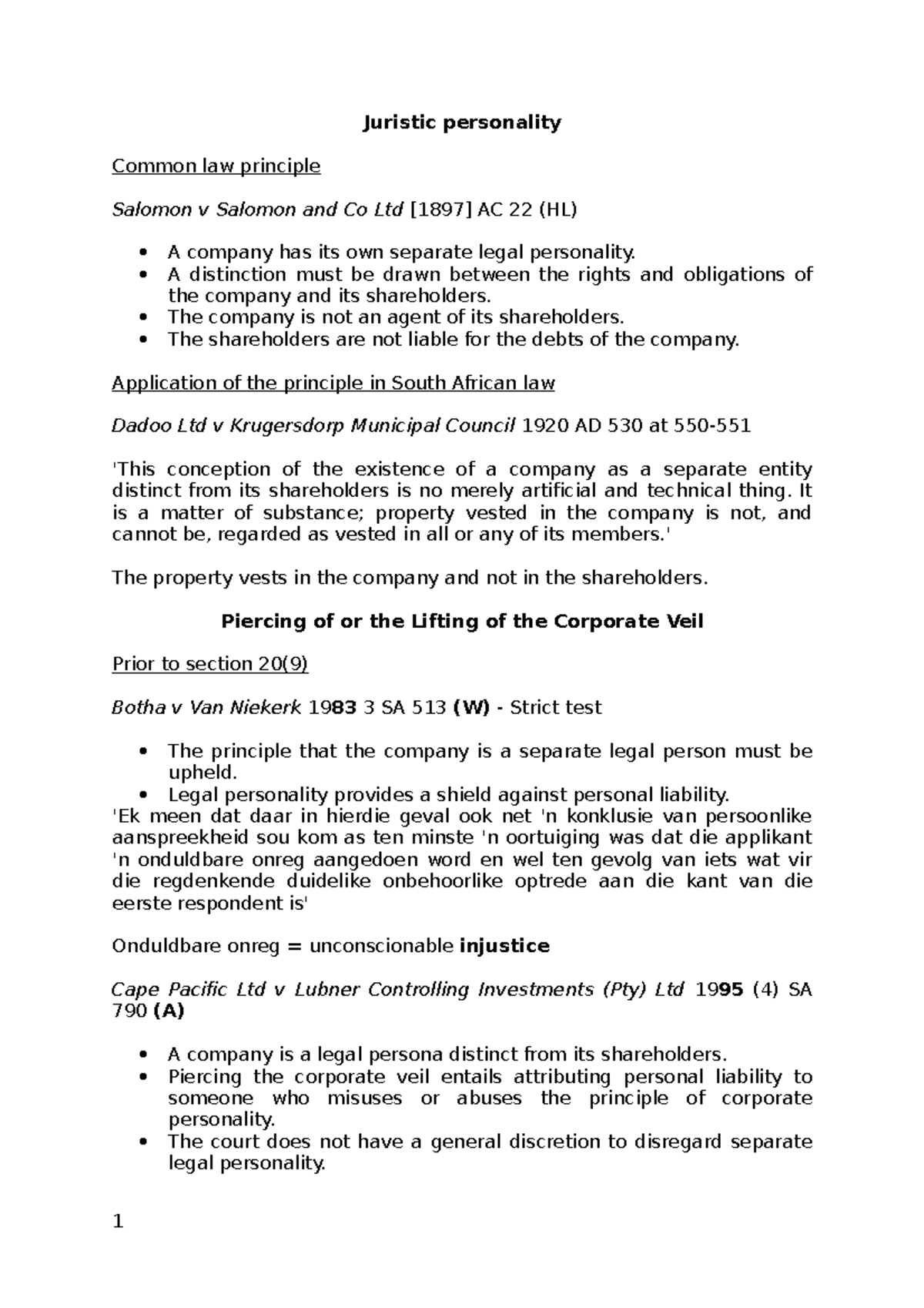 Note on Case Law - Juristic personality and piercing the corporate veil ...
