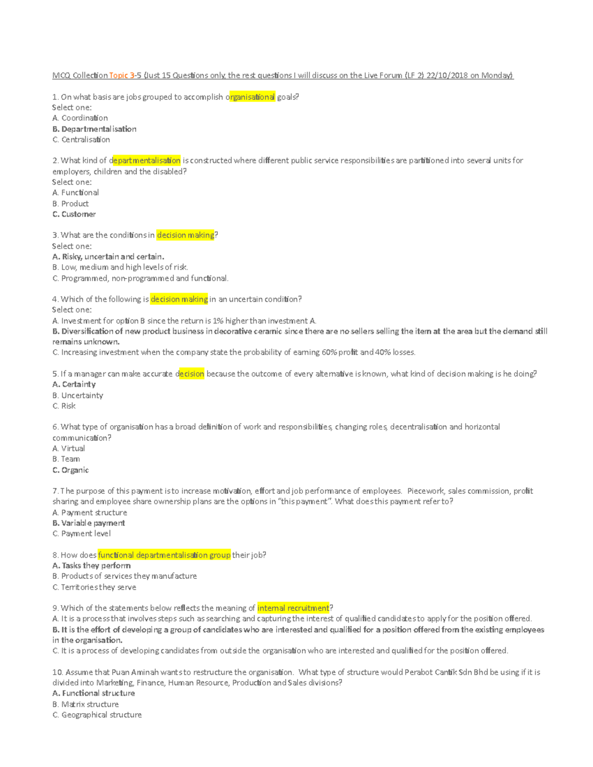 MCQ Collection topic 3-5 Principles of Management BBPP1103 - MCQ ...