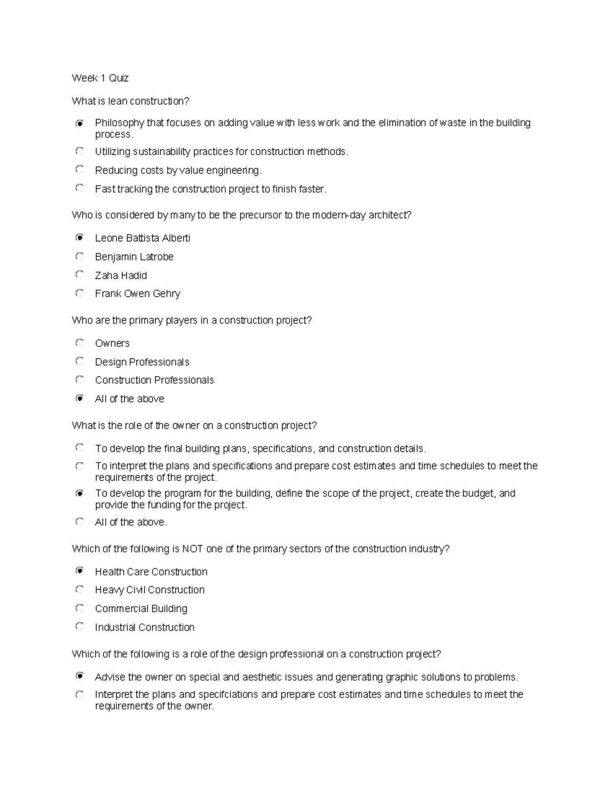 6003 quiz 1 part 1 - Quiz 1 - Week 1 Quiz What is lean construction ...