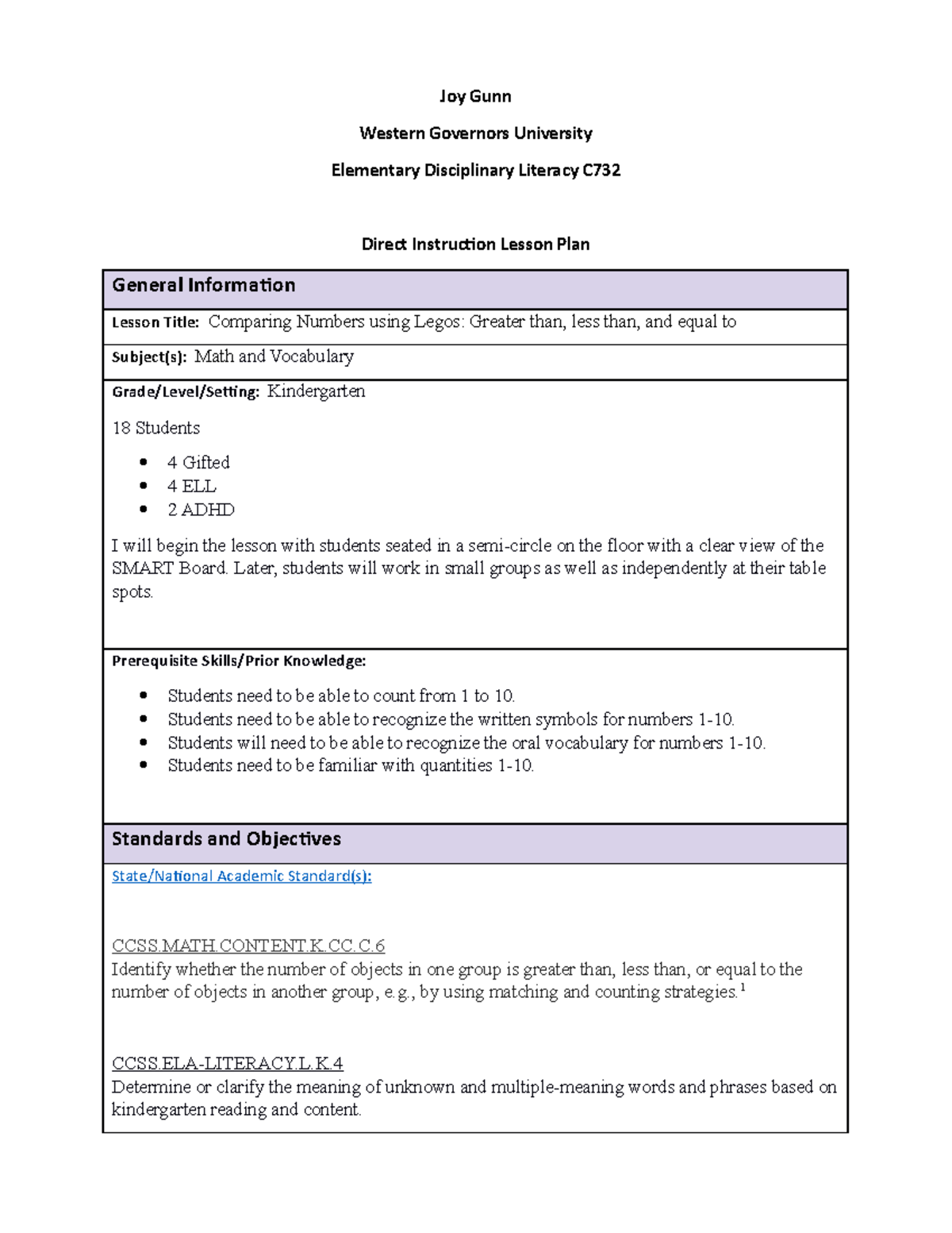 Elementary Math and Vocabulary Direct Instruction Lesson Plan - Joy ...
