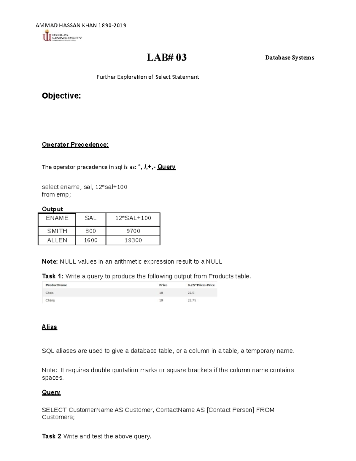 Ammad Hassan KHAN 1890-2019 LAB 03 DBS - AMMAD HASSAN KHAN 1890- Objective: LAB# 03 Further ...