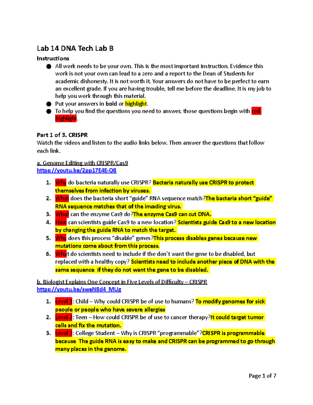 BIOL-1110 Online Lab 14 Crispr and Microarray - Lab 14 DNA Tech Lab B ...