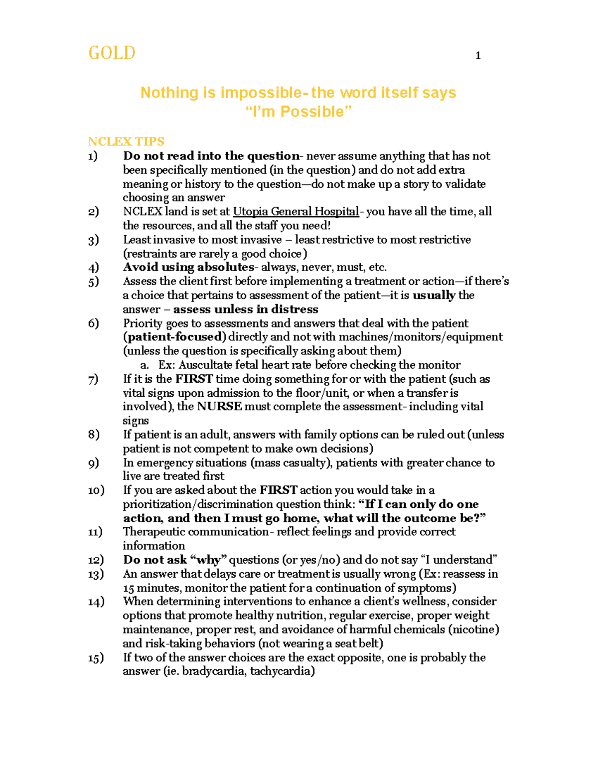 GOLD Standard FOR Nclex - GOLD 1 Nothing is impossible- the word itself ...