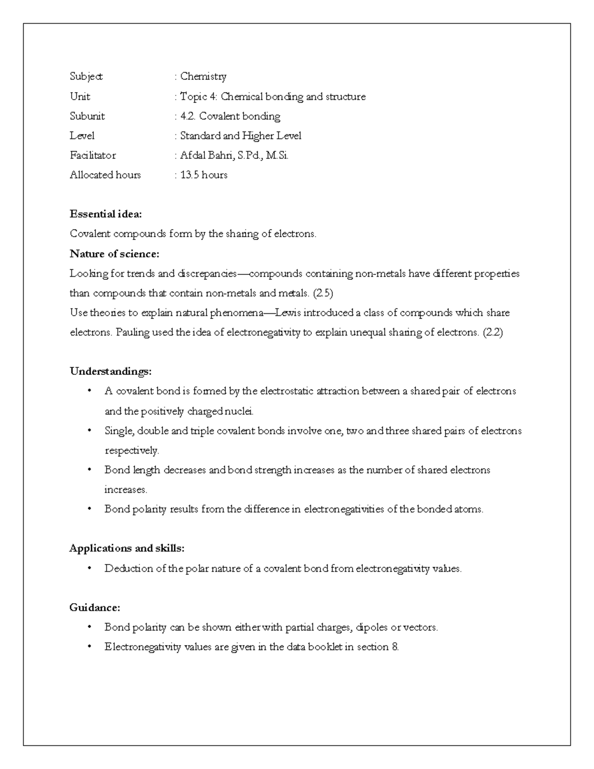 4 - Covalent Bonding - Subject : Chemistry Unit : Topic 4: Chemical ...