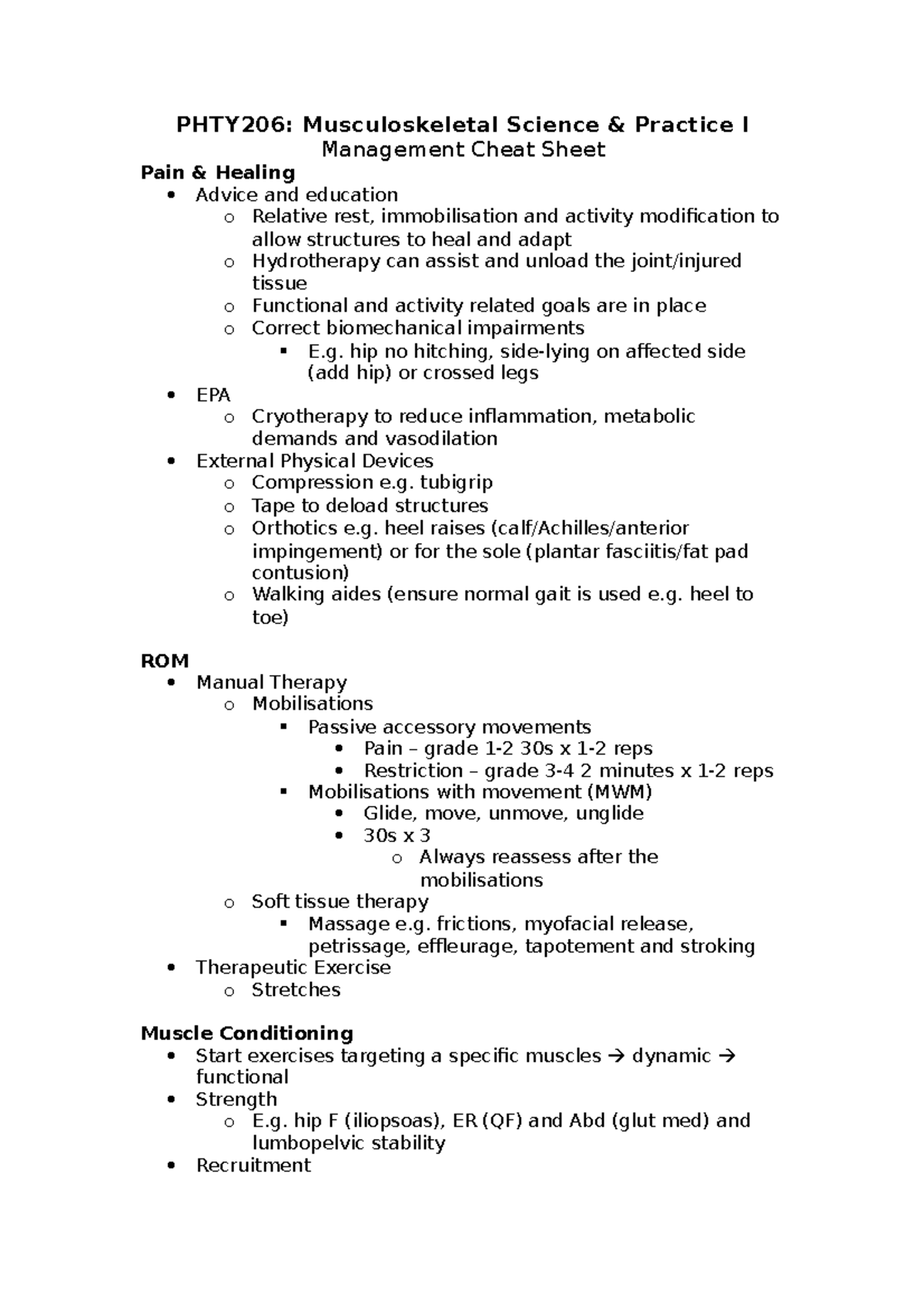 Cheat Sheet - Lecture summary - PHTY206: Musculoskeletal Science ...