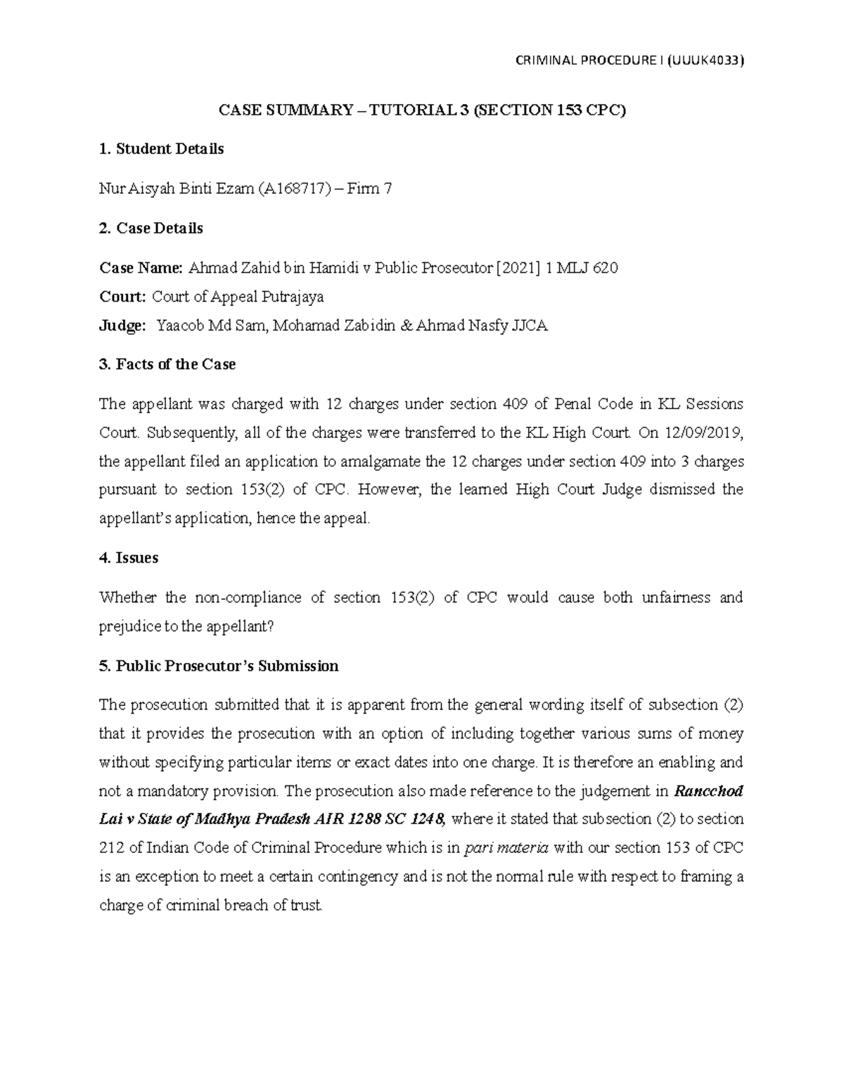 Case Summary Tutorial 3 (Charge) - CRIMINAL PROCEDURE I (UUUK4033) CASE ...